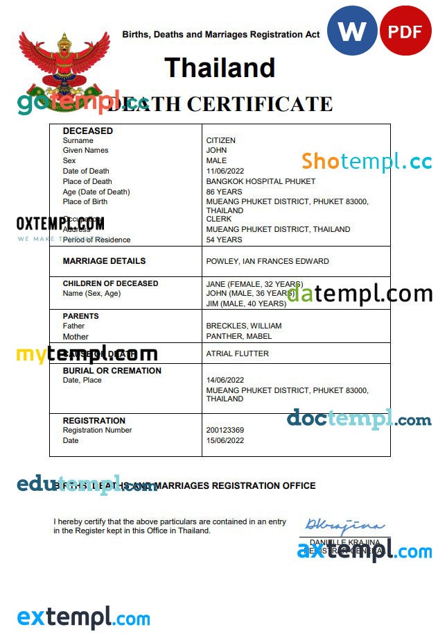 Thailand death certificate Word and PDF template, completely editable ...