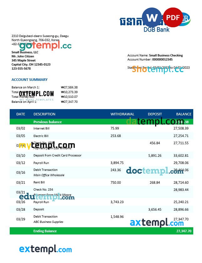 DGB Financial Group business bank statement Word and PDF template ...