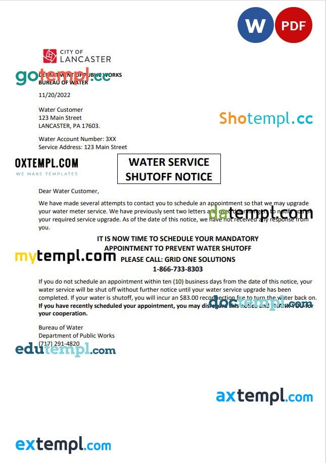USA Lancaster Water service shutoff notice utility bill, PDF and Word ...