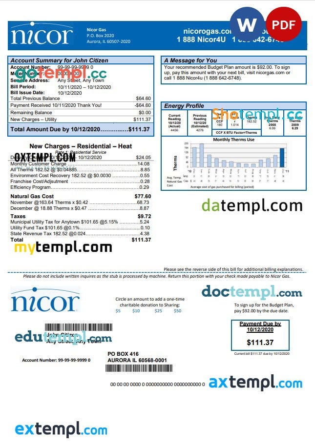 USA Illinois Nicor Gas utility bill, PDF and Word download template ...