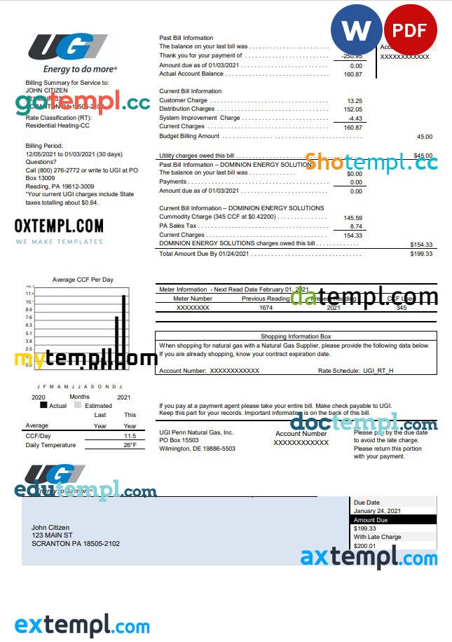 USA Pennsylvania UGI Utilities utility bill template in Word and PDF format | by Shotempl | Oct ...