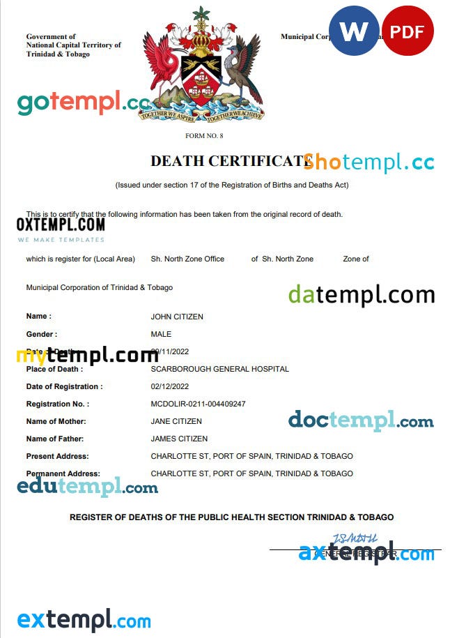 Trinidad and Tobago death certificate Word and PDF template, completely editable | by Doctempl ...