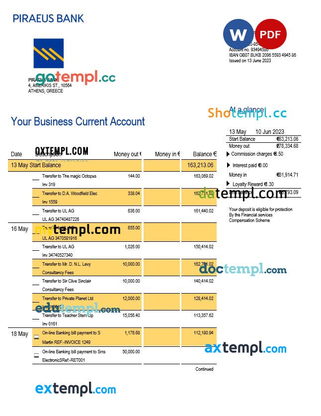 Piraeus Bank Business statement Word and PDF template download template ...