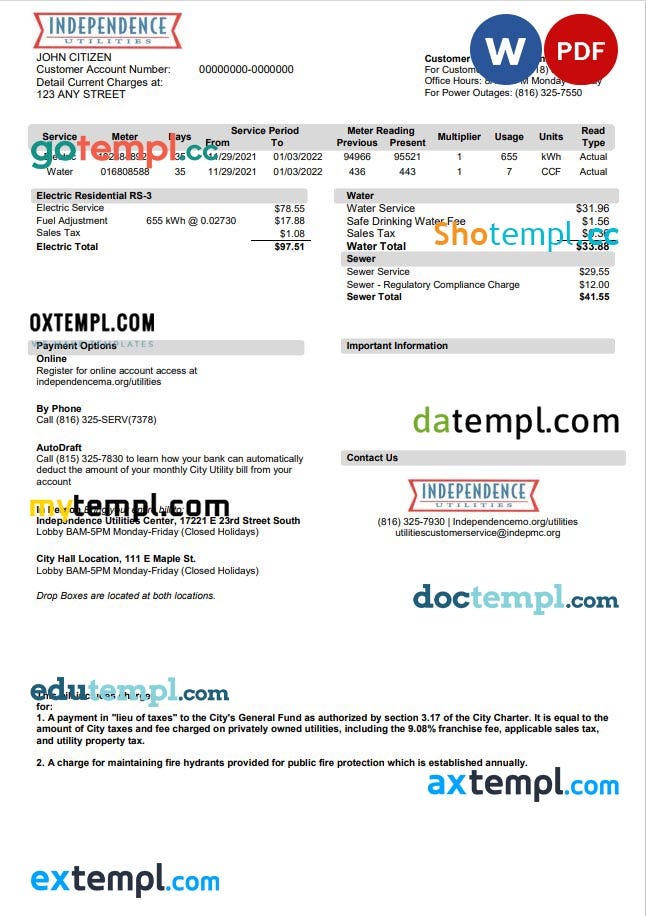 USA Missouri Independence Utilities utility bill template in Word and ...