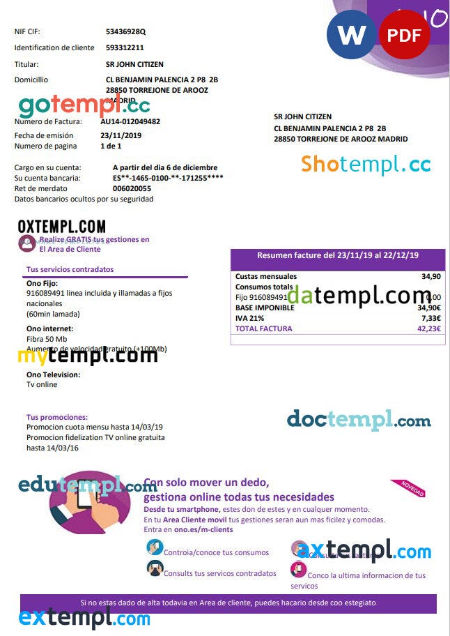 Spain ONO easy fillable utility bill template in Word and PDF format ...