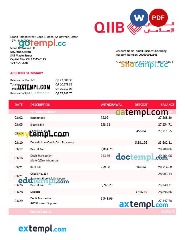 Qiib firm account statement Word and PDF template download template ...