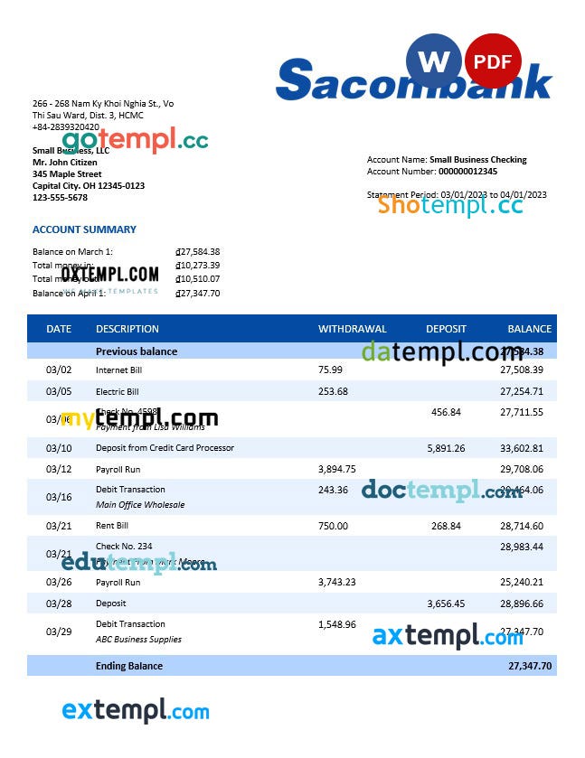 Sacombank organization checking account statement Word and PDF template ...