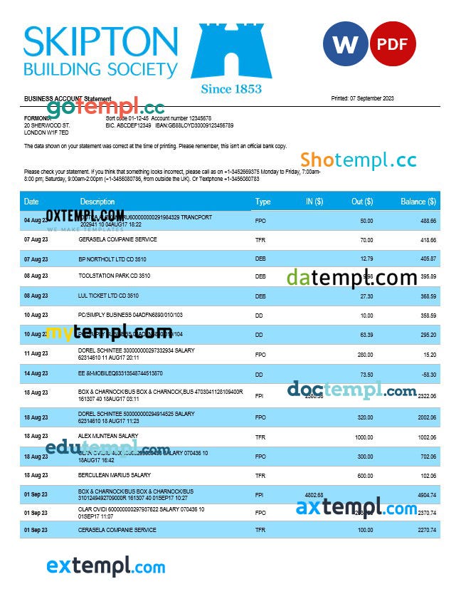 Skipton Building Society Bank firm account statement Word and PDF ...