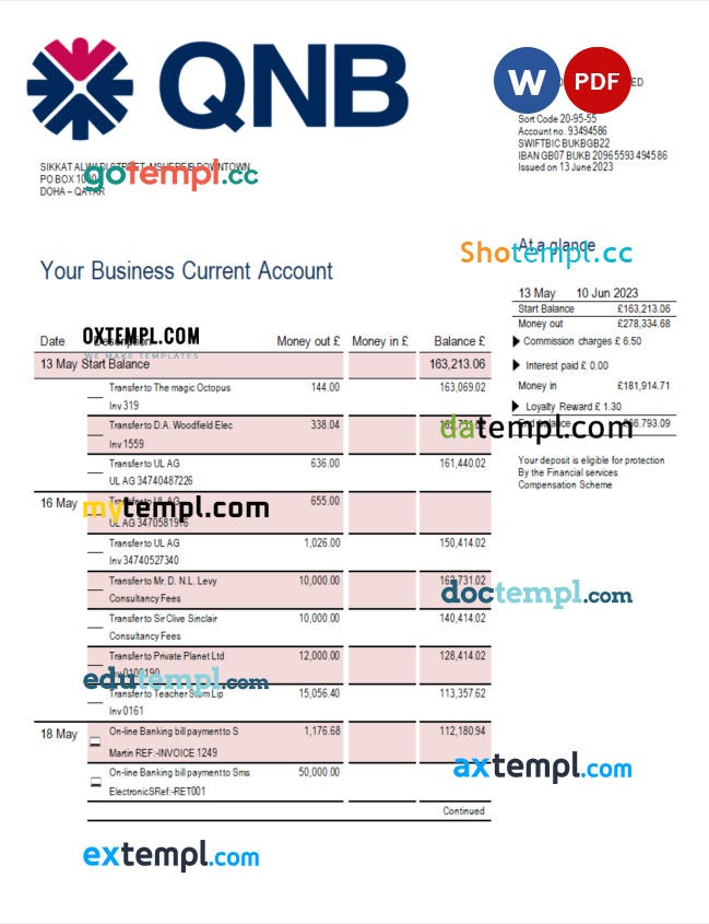 QNB Bank company account statement Word and PDF template download template | by Intempl Intempll ...