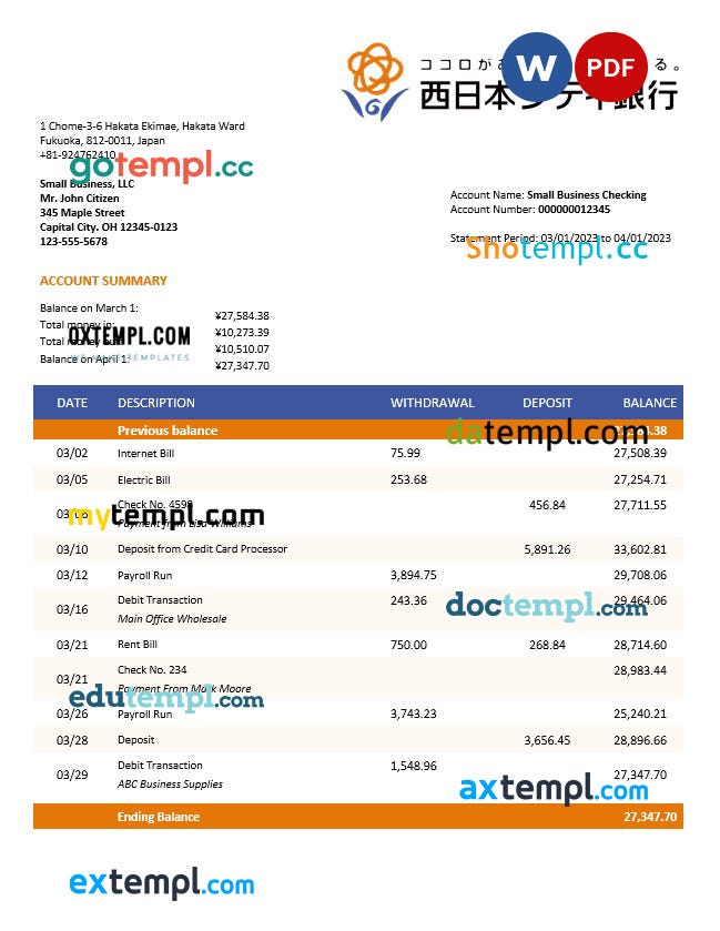 Nishi-Nippon City Bank enterprise account statement Word and PDF template download template | by ...