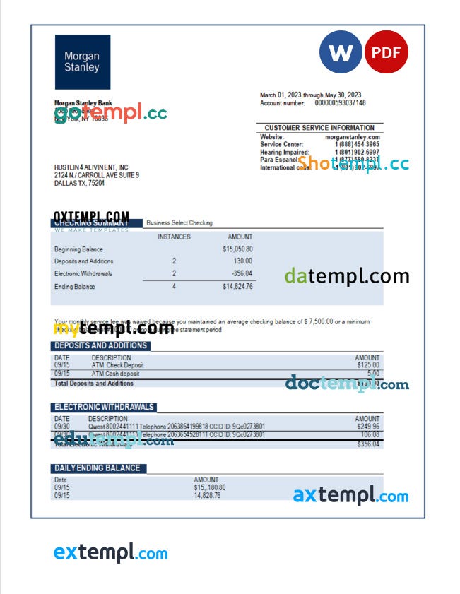 Morgan Stanley Bank organization account statement Word and PDF ...