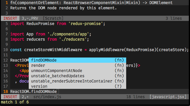 JavaScript Autocompletion on Vim. Node, react, underscore, browser and ...