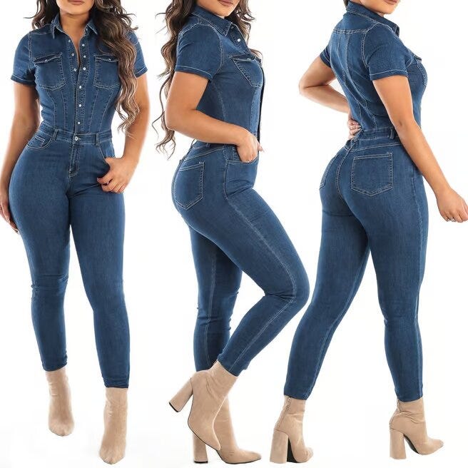 Denim Short Sleeve Jumpsuit - Royal Entity - Medium