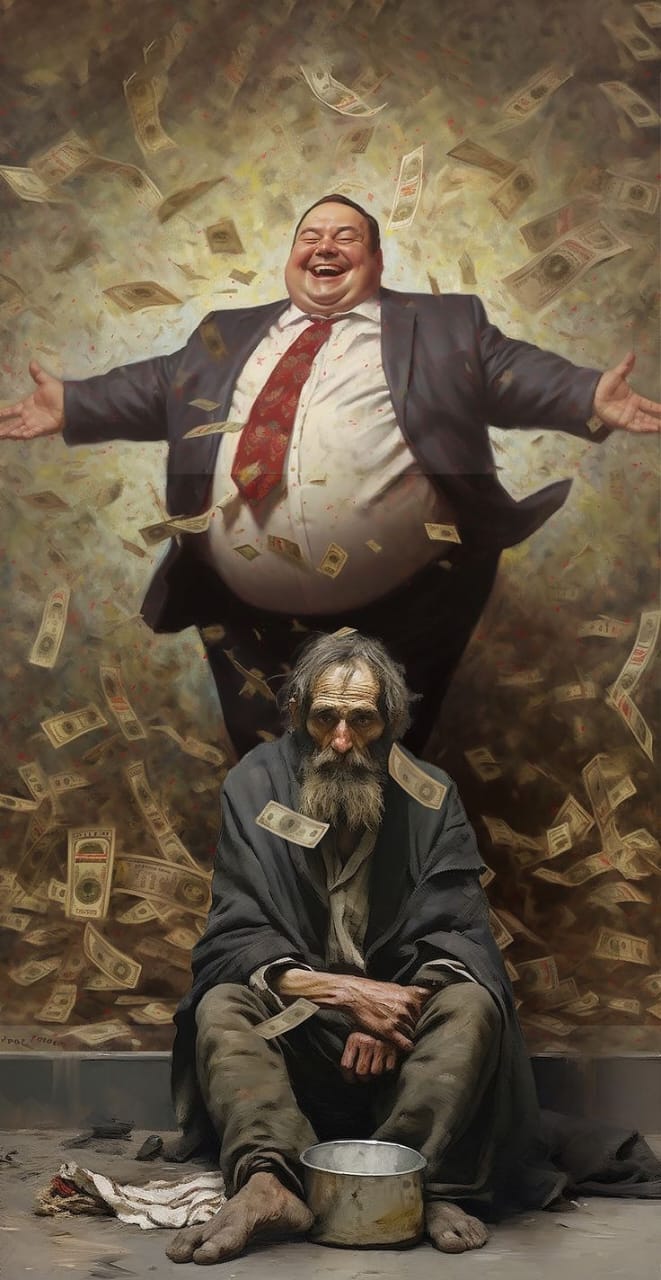 Poor man vs Rich man. The poor man with face downcast, clad in rags and ...