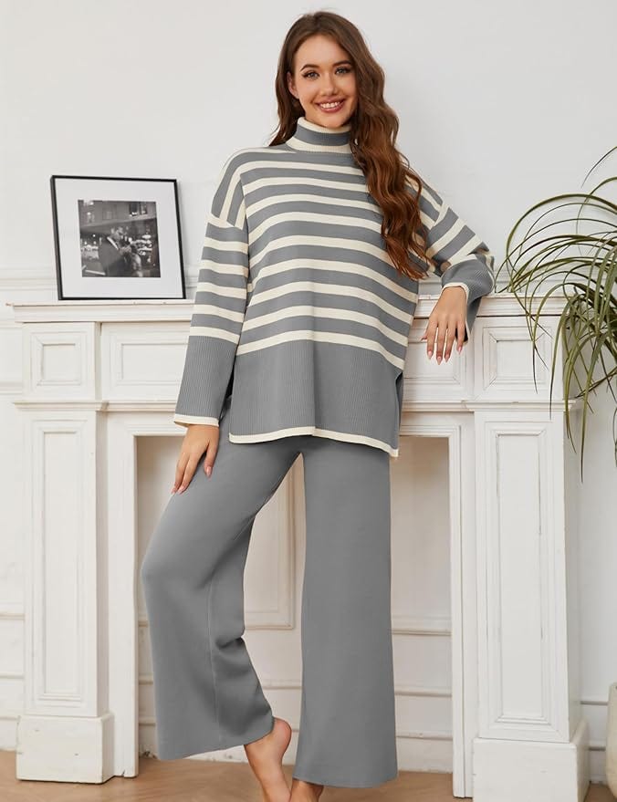 Women’s Sweater Sets Long Sleeve Striped Jumper Tops Casual Knit Wide ...