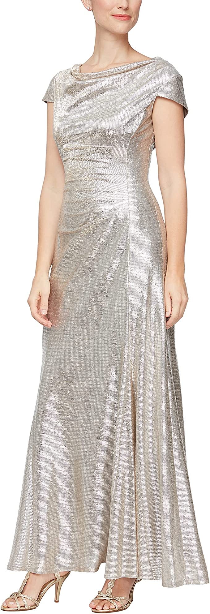 Alex Evenings Women’s Long Cowl Neck A-Line Dress, Champagne Metallic ...