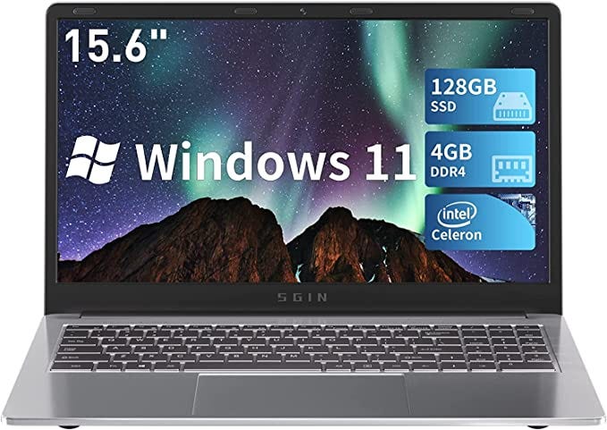 SGIN Laptop 15.6 Inch 4GB DDR4 128GB SSD, Windows 11 Laptop with Intel Celeron, up to 2.8GHz ...
