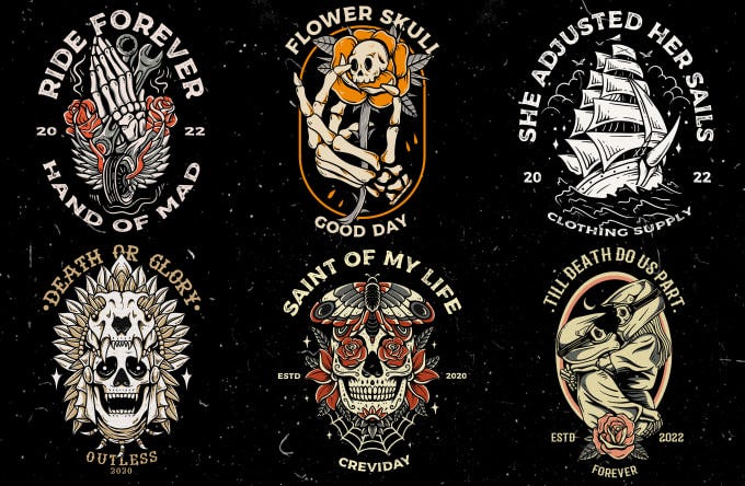 Best Deals! I will illustration vintage retro tshirt skull, logo design ...