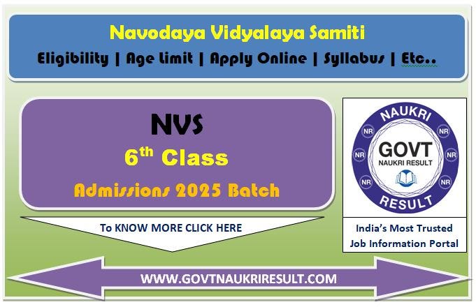 Navodaya Vidyalaya Samiti NVS Class VI Admissions 2025 Apply Online Form Navodaya Vidyalaya ...