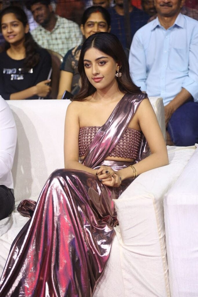 Anu Emmanuel in a metallic saree at “Urvashivo Rakshasivo” success meet ...