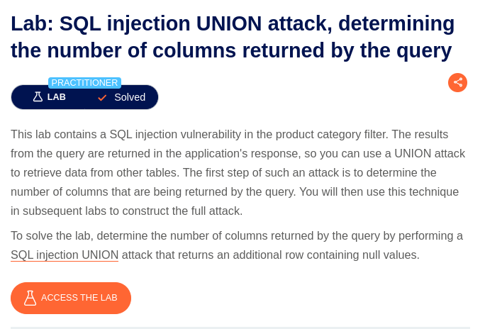 Lab: SQL Injection UNION Attack, Determining the Number of Columns Returned by the Query ...
