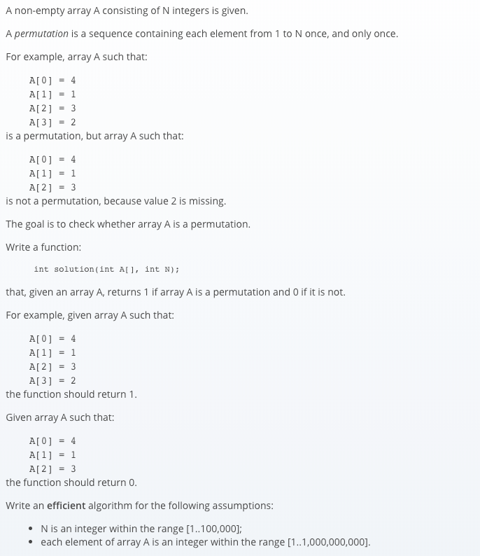 [Codility] Lesson 4 PermCheck. 입력된 배열이 1부터 N까지 1씩 증가하는 순열인지 판단하는 문제… | by 유덕현 | Medium