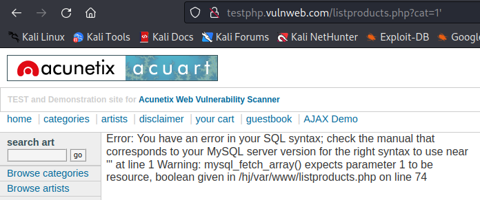 SQL injection with SQLMap LAB2. http://testphp.vulnweb.com/listproducts ...