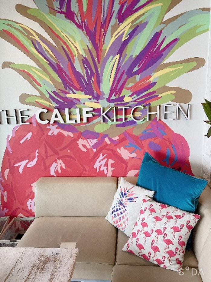 “The Calif Kitchen” in Chatan. The name of café is “The calf kitchen ...