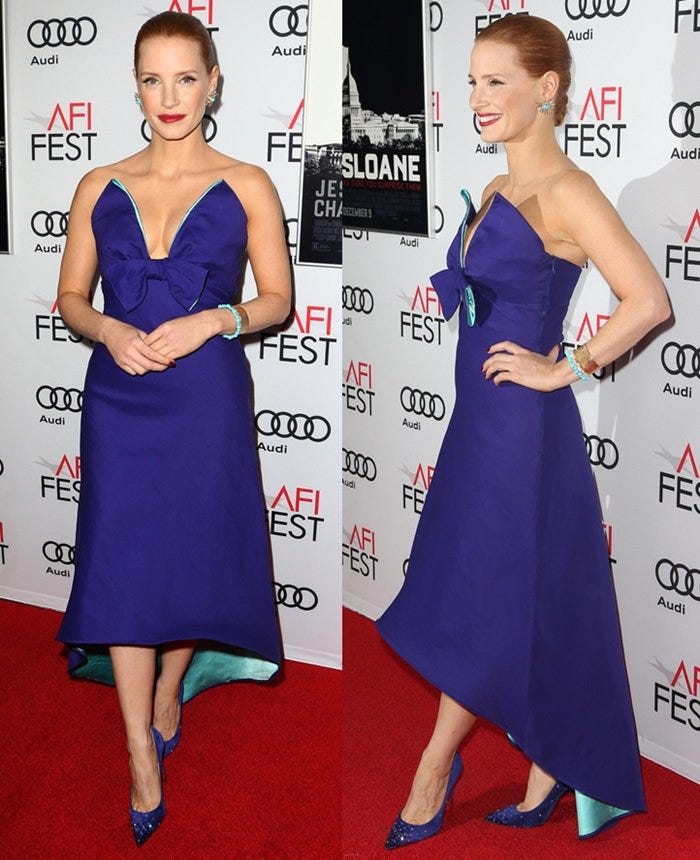 Jessica Chastain Styles Custom Prada Dress with Turquoise Jewelry | by ...