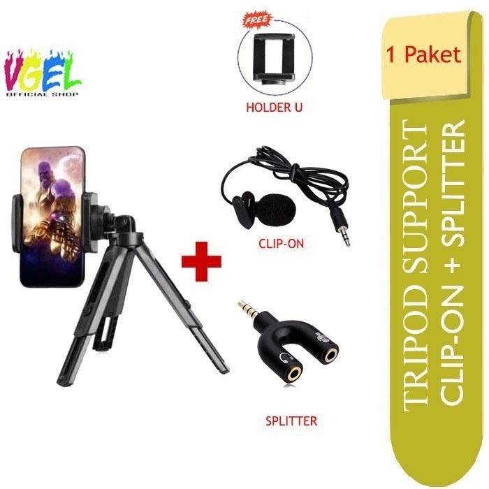 *[PAKET SUPPORT]* Youtuber / Vloger (Tripod SUPPORT + Mic Clip On + Splitter) | by Duta Store ...