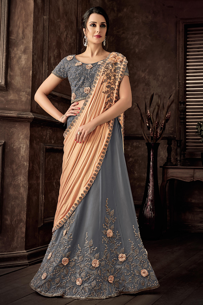 Grey Color Fancy Indo-Western Saree - TheOmniBuzz