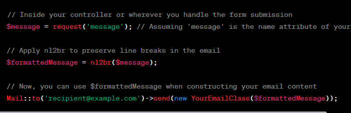 🚀 Exciting Laravel Tip: Utilizing PHP’s nl2br() Function for Text Area Data in Email 📧 ...