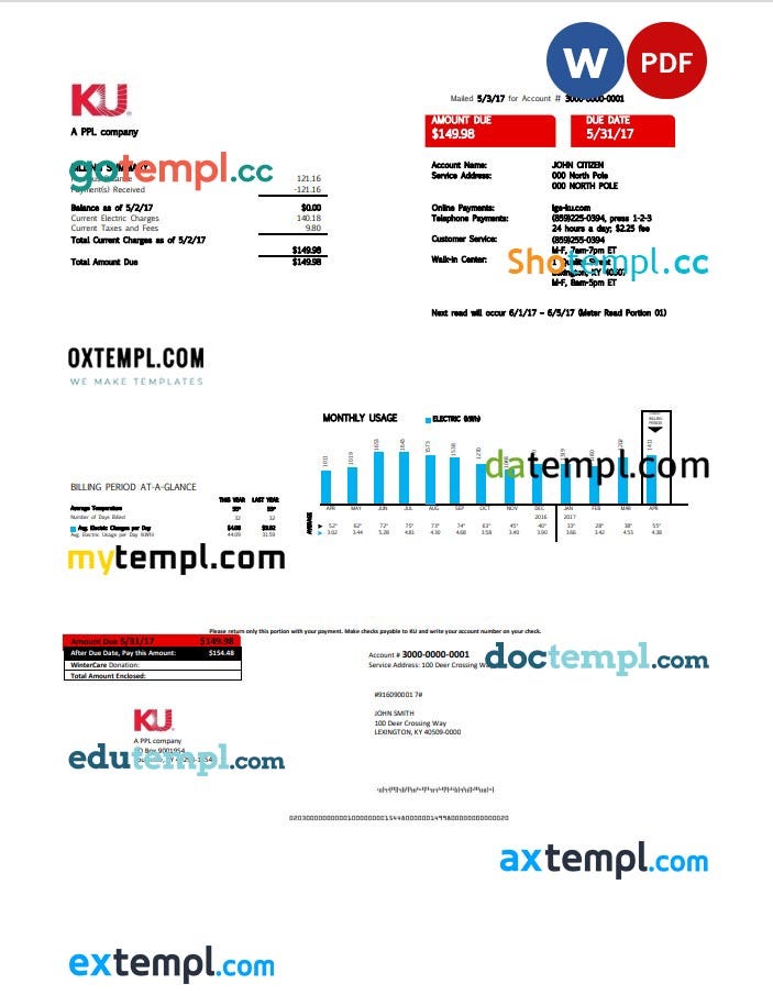 USA Kentucky electricity utility bill, PDF and Word download template ...
