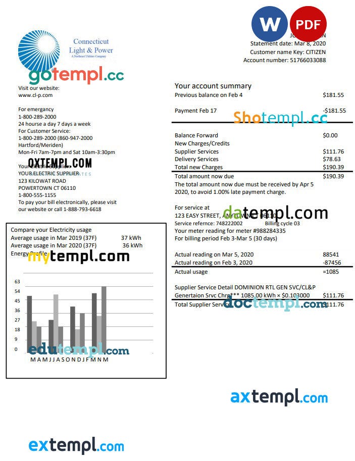 USA Connecticut Light & Power electricity utility bill, PDF and Word ...