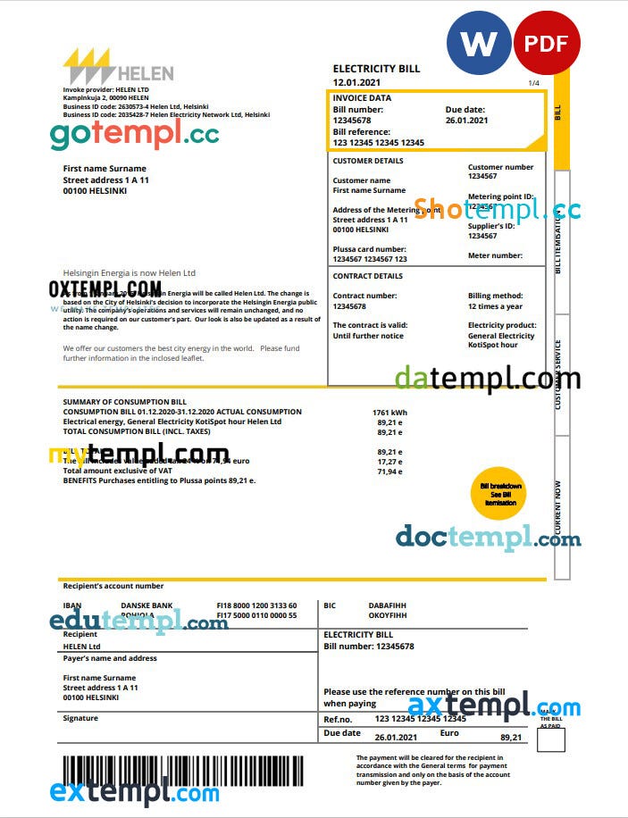 Finland HELEN utility bill template in Word and PDF format | by ...