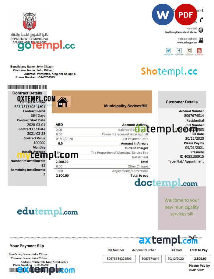 United Arab Emirates Abu Dhabi Municipality Service utility bill, PDF ...