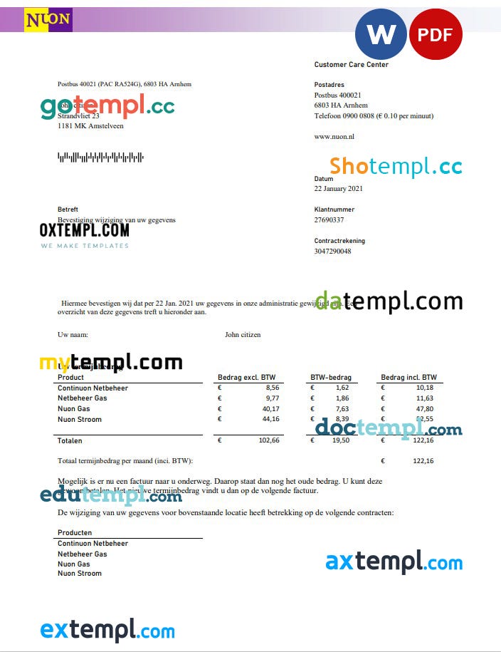 Netherlands KPN utility bill, PDF and Word download template | by ...