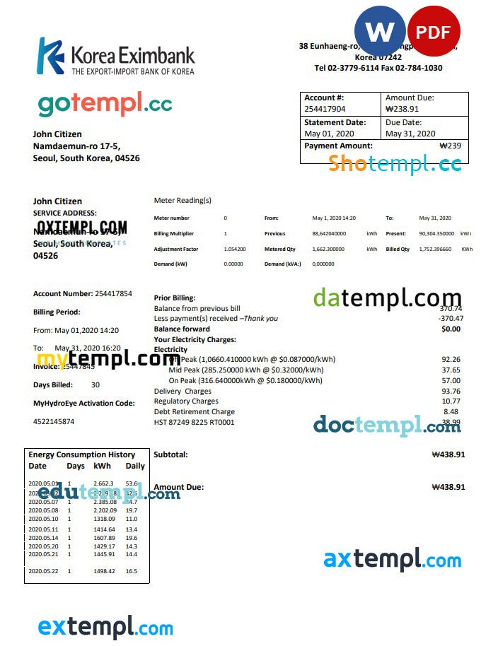 Korea Eximbank template in Word and PDF format, good for address prove ...