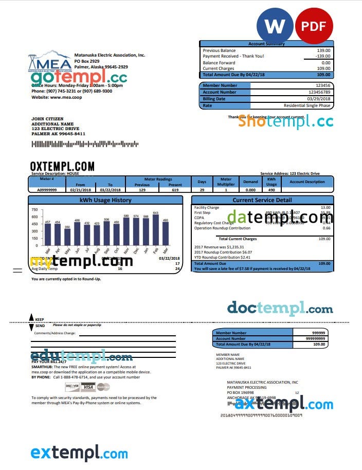USA MEA Alaska electricity utility bill, PDF and Word download template ...