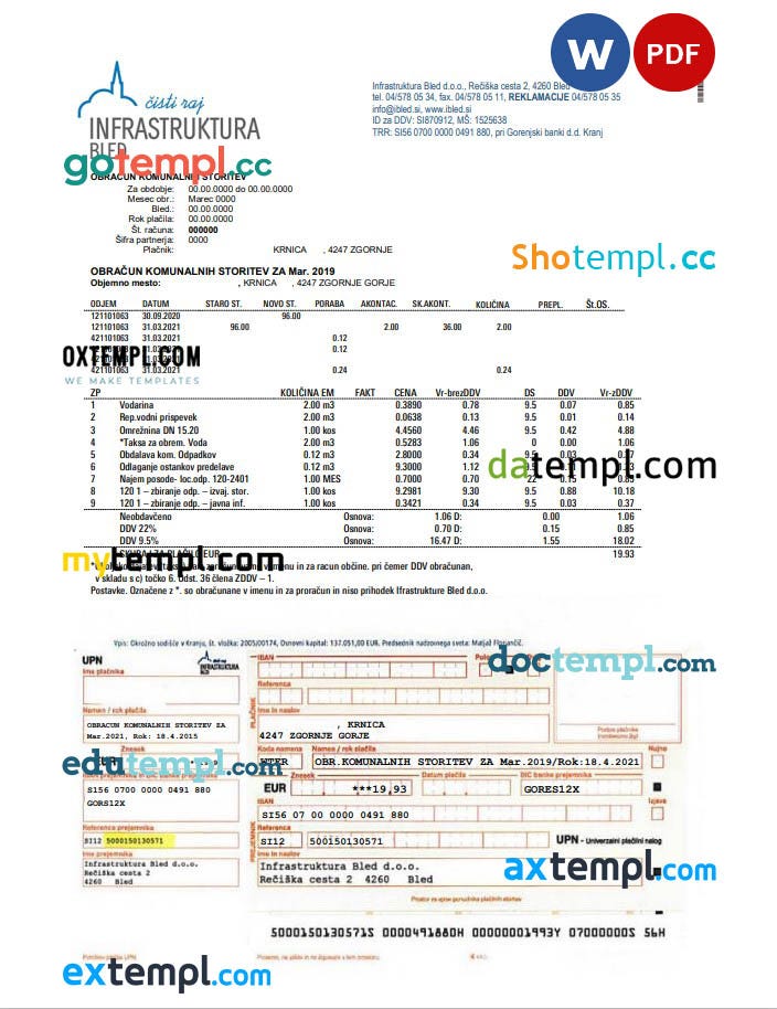 Slovenian Infrastruktura Bled utility bill download example in Word and PDF format (.doc and ...