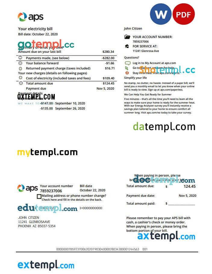 USA Arizona APS electricity proof of address utility bill, PDF and Word download template | by ...