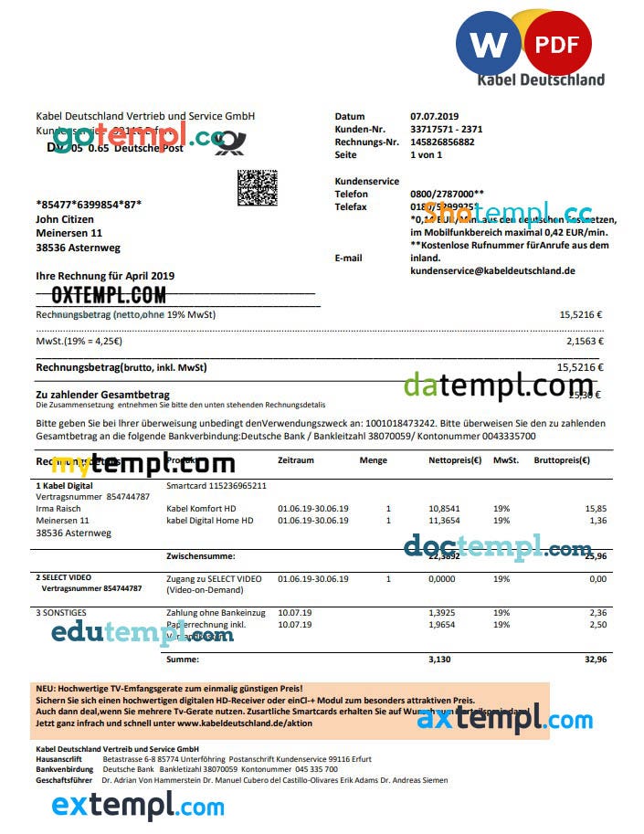 Germany TV Cabel utility bill template in Word and PDF format, fully ...