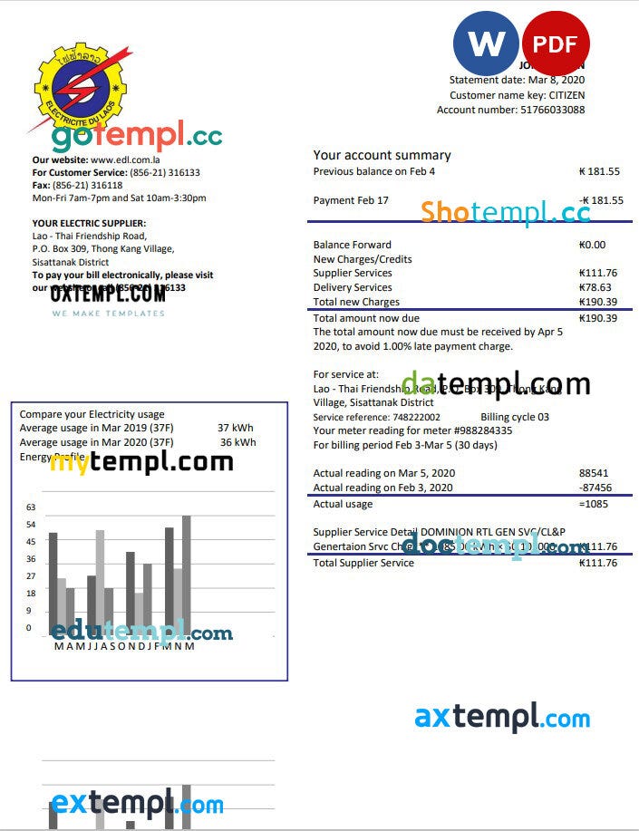 Laos Electricite du Laos electricity utility bill template in Word and ...