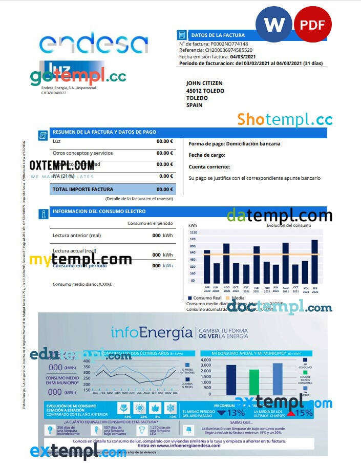 Spain Endesa luz utility bill, PDF and Word download template | by ...