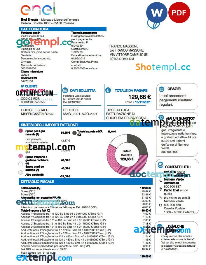 Italy Enel Energia utility bill, PDF and Word download template | by ...