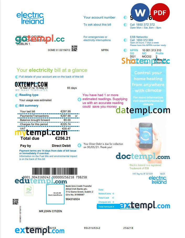 IRELAND ELECTRIC IRELAND utility bill, PDF and Word download template ...