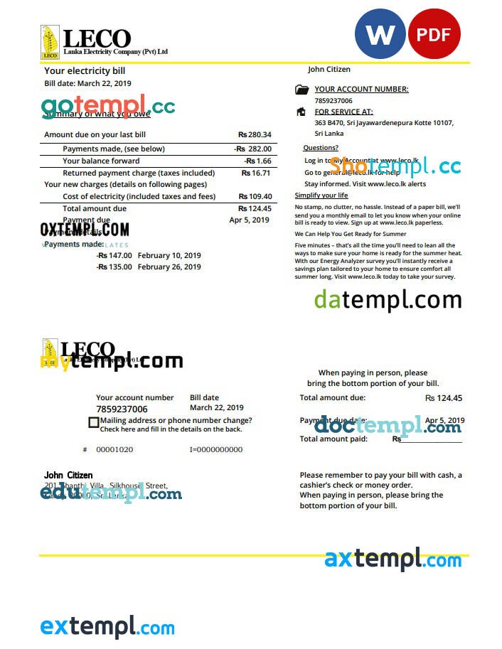 Sri Lanka LECO Company electricity utility bill, PDF and Word download ...