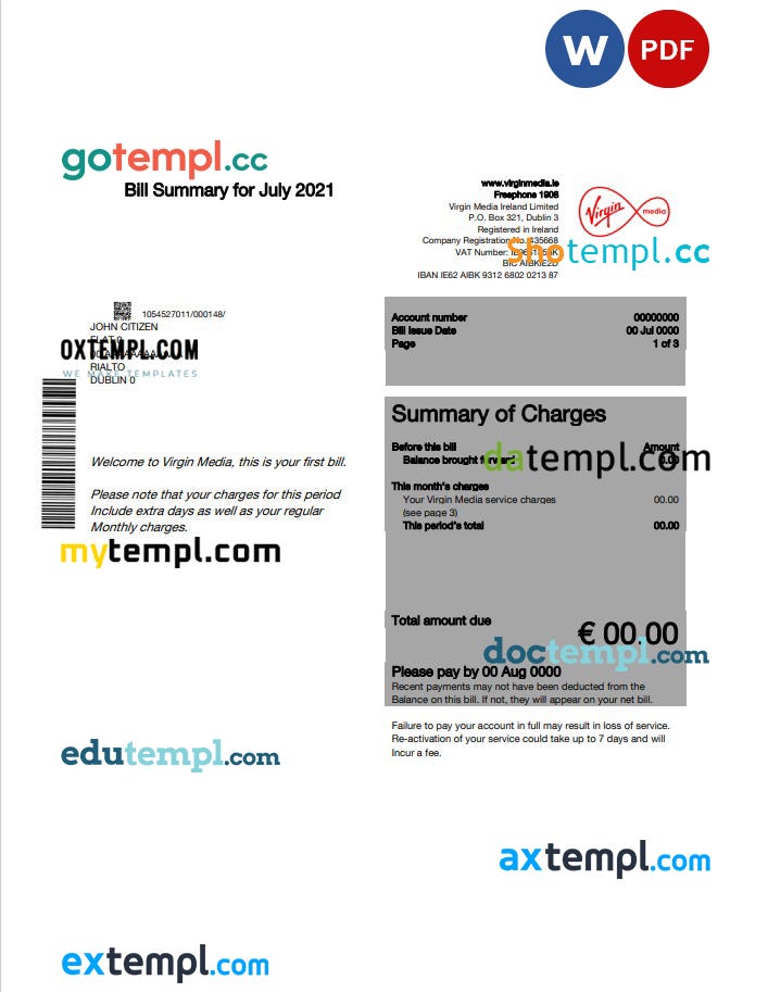 Ireland Virgin media utility bill, PDF and Word download template ...