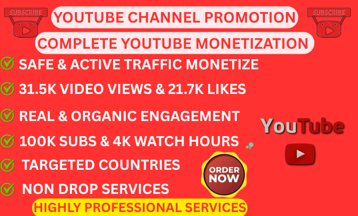 I will promote youtube video growth complete channel monetization ...
