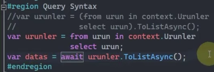 ToListAsync Üretilen sorguyu execute ettirmemizi sağlayan fonksiyondur ...
